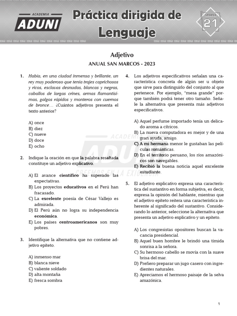 Practica Dirigida de Lenguaje-Anual San Marcos - Academia ADUNI-CESAR ...