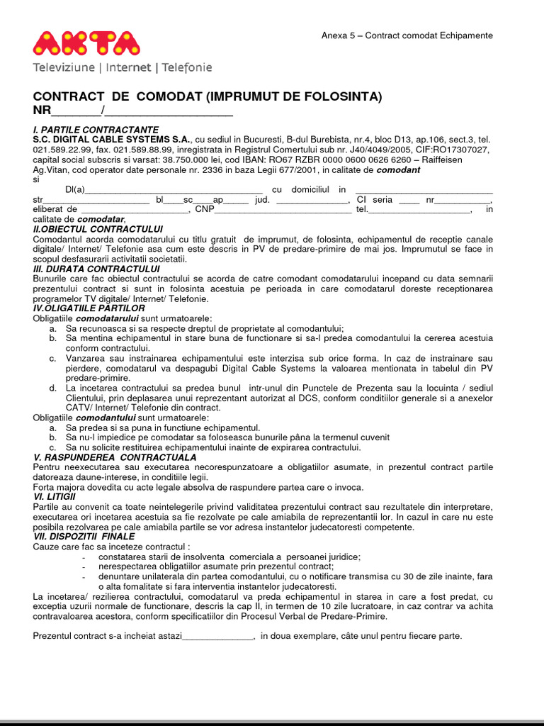 Anexa 5 - Contract Comodat Echipamente | PDF