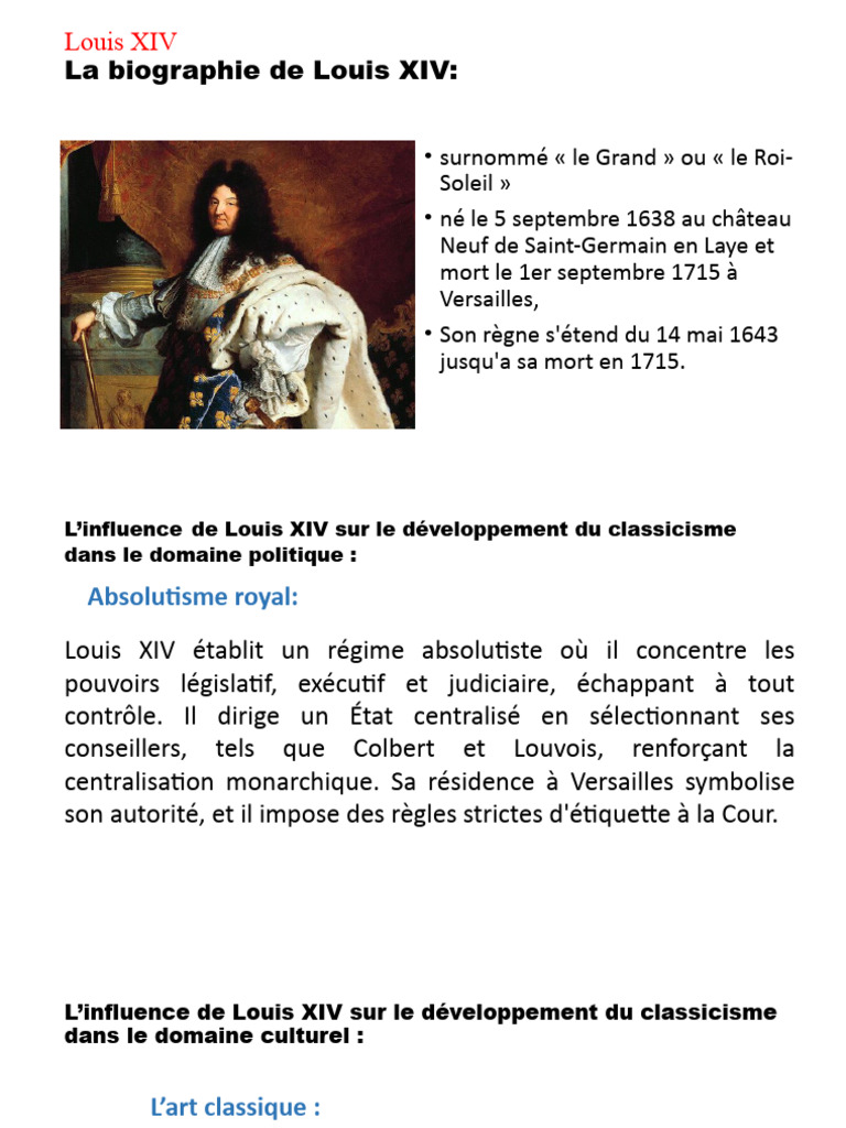 Louis XIV : Absolutisme et Mécénat Artistique | PDF