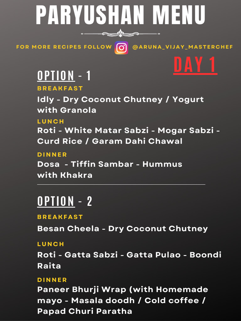 Paryushan Meal Plan | PDF | Cooking, Food & Wine