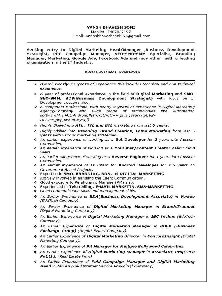 Vansh Resume-DMM | PDF | Digital Marketing | Search Engine Marketing
