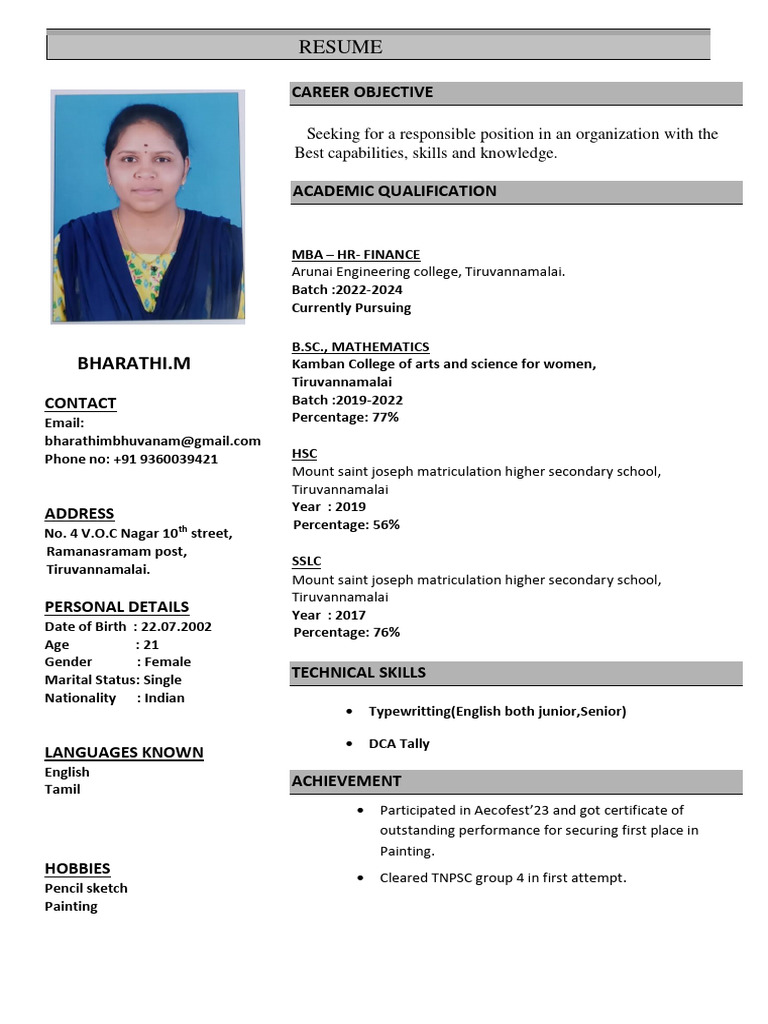 Bharathi Resume | PDF | Science