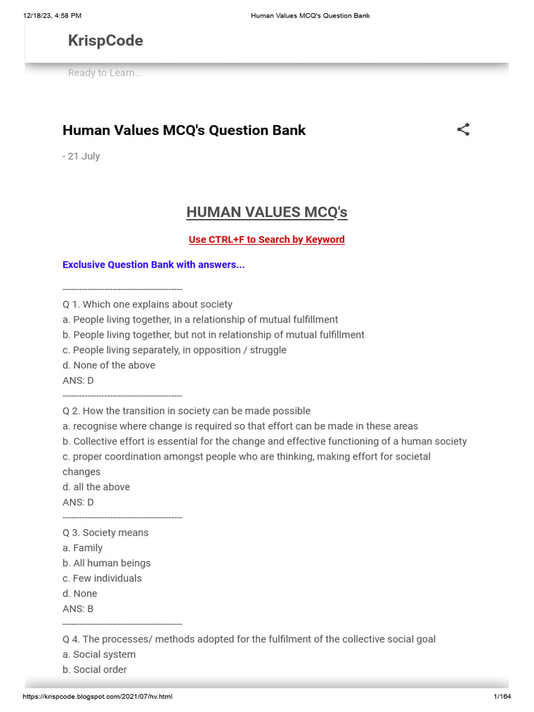 Human Values MCQ Question Bank | PDF