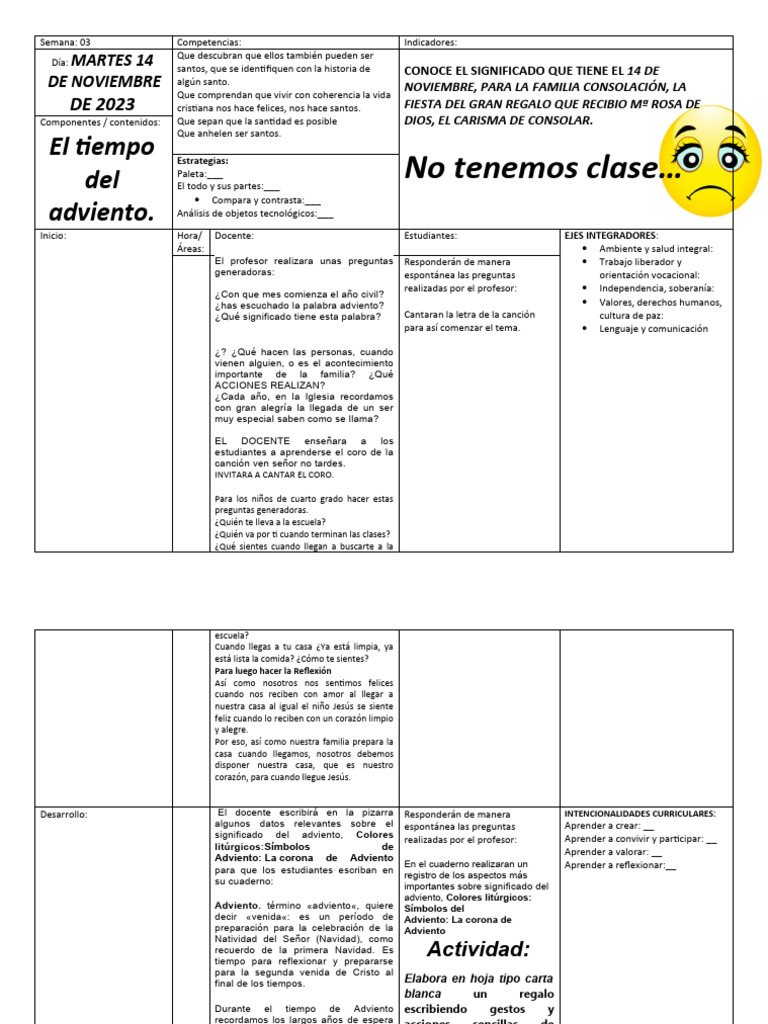 Planificacion de Educacion en La Fe y Valores Del 14 Noviembre 2023 | PDF