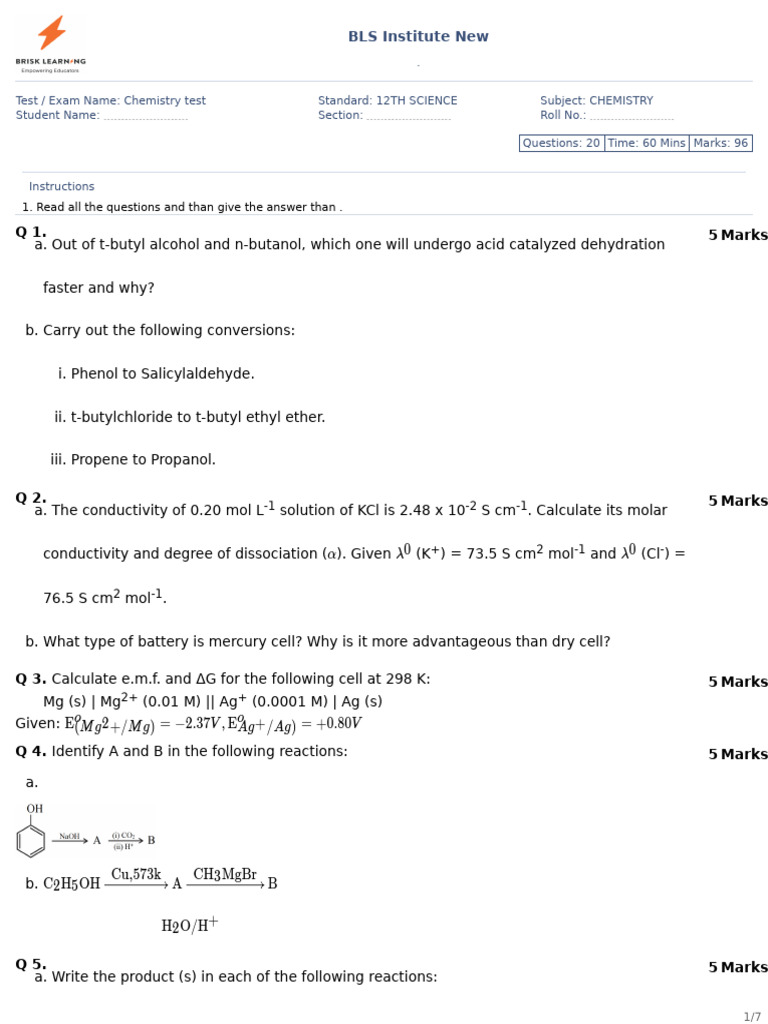 Chemistry Test - 12th Science-Chemistry | PDF | Acid | Physical Sciences