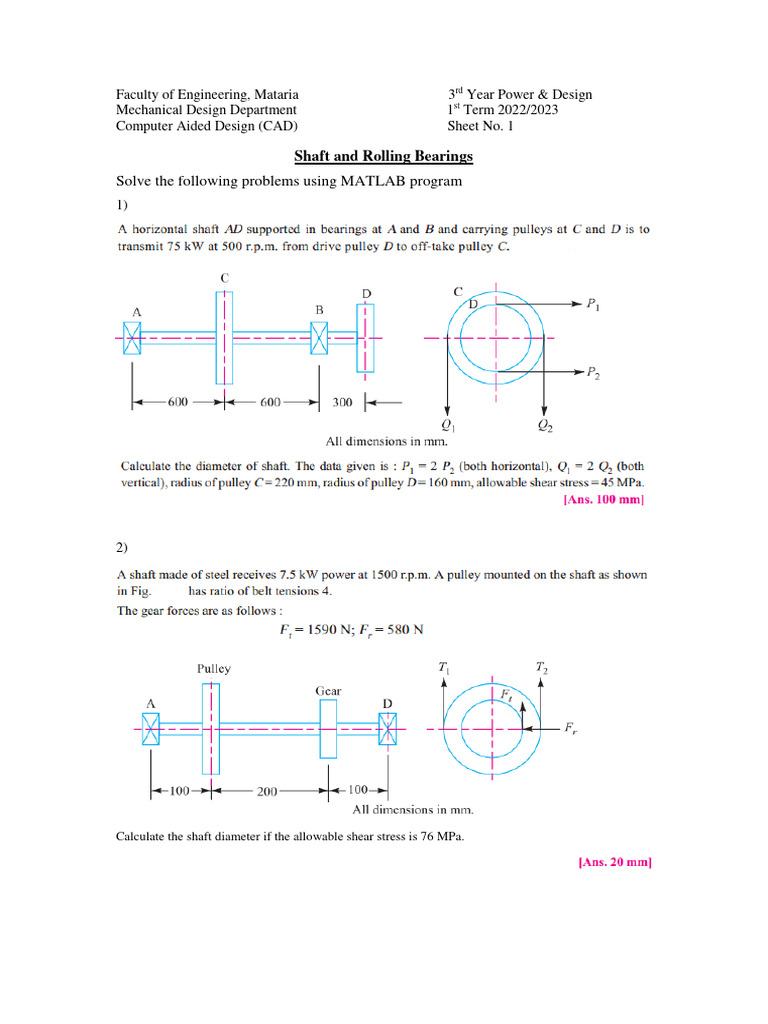 Sheet 1 (Shaft and Rolling Bearings) | PDF
