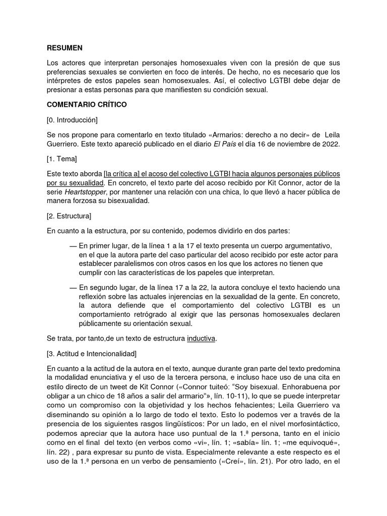 Ejemplo de Comentario Crítico - Lengua 2º Bach. | PDF | LGBT | Estudios ... Ejemplo de Comentario Crítico - Lengua 2º Bach. | PDF | LGBT | Estudios ...
