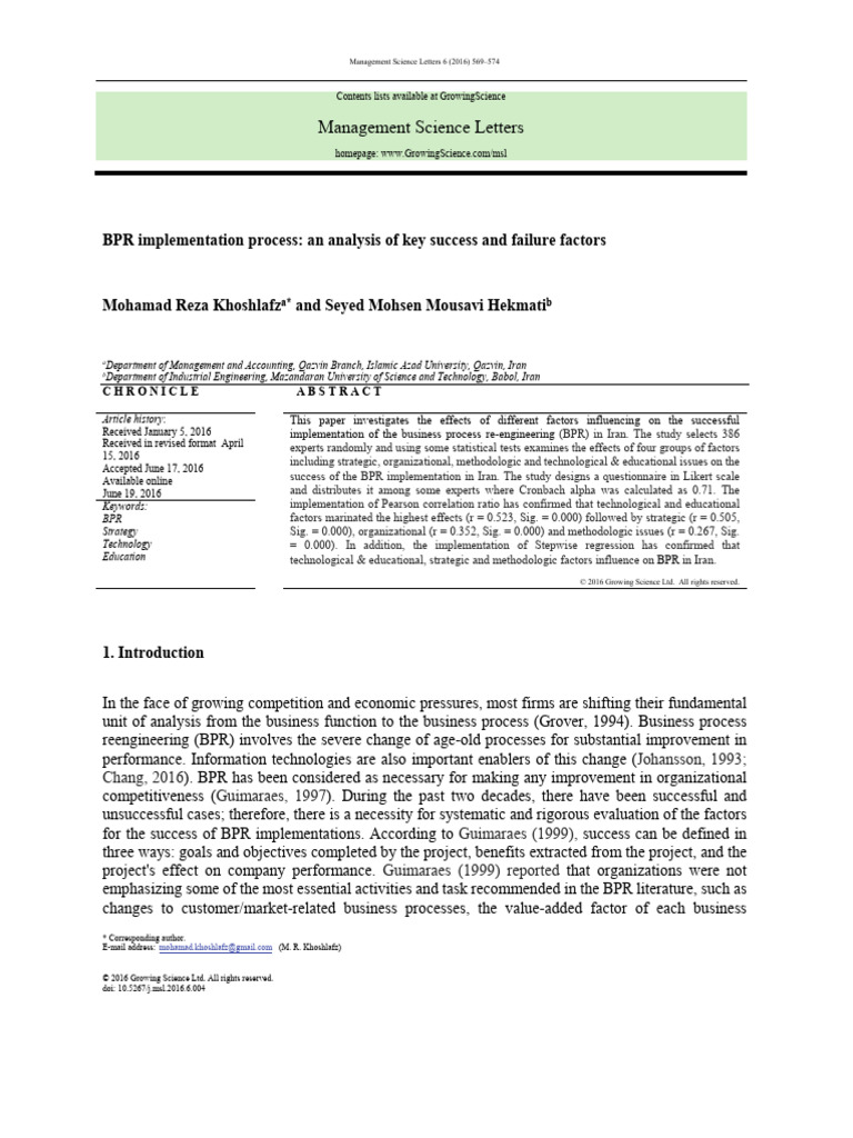 BPR Implementation Process: An Analysis of Key Success and Failure ...
