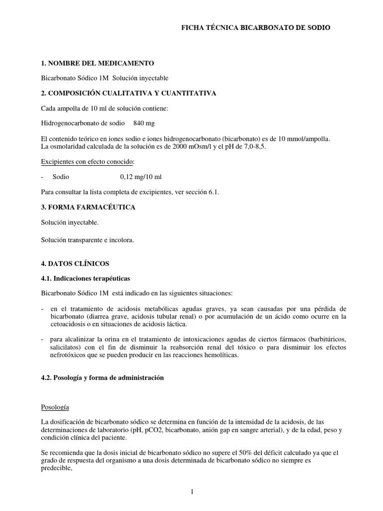 Bicarbonato Sódico Inyectable: Uso y Dosis | PDF | Medicamentos con receta | Sodio