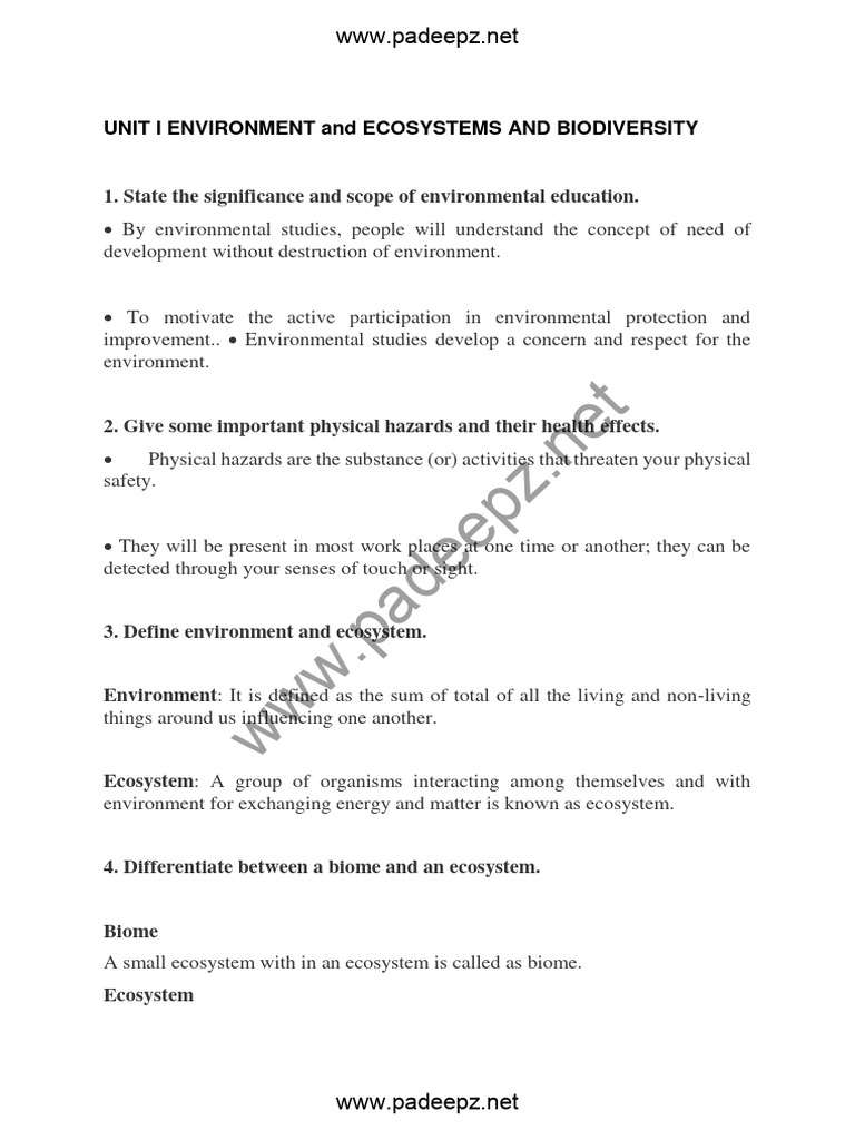 Unit I Environment and Ecosystems and Biodiversity Important Question ...