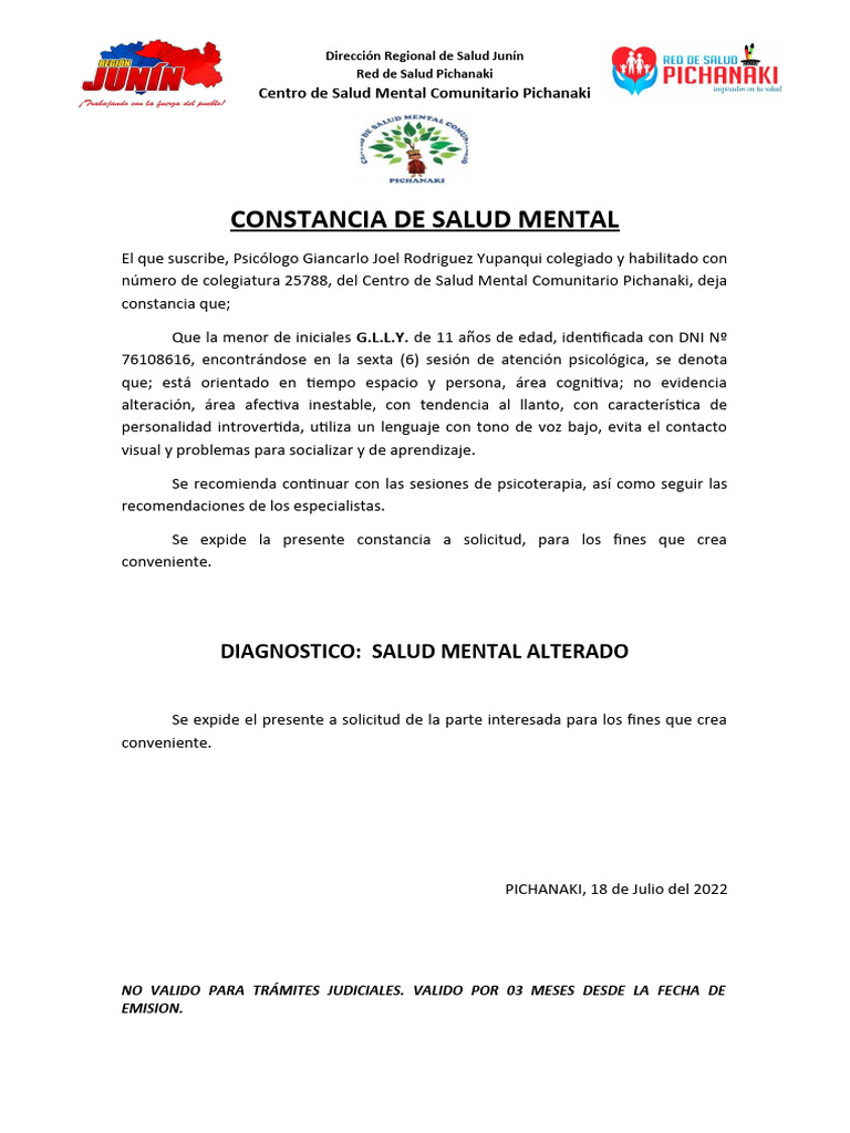 CONSTANCIA DE SALUD MENTAL CSMC Niño | PDF | Salud mental | Sicología