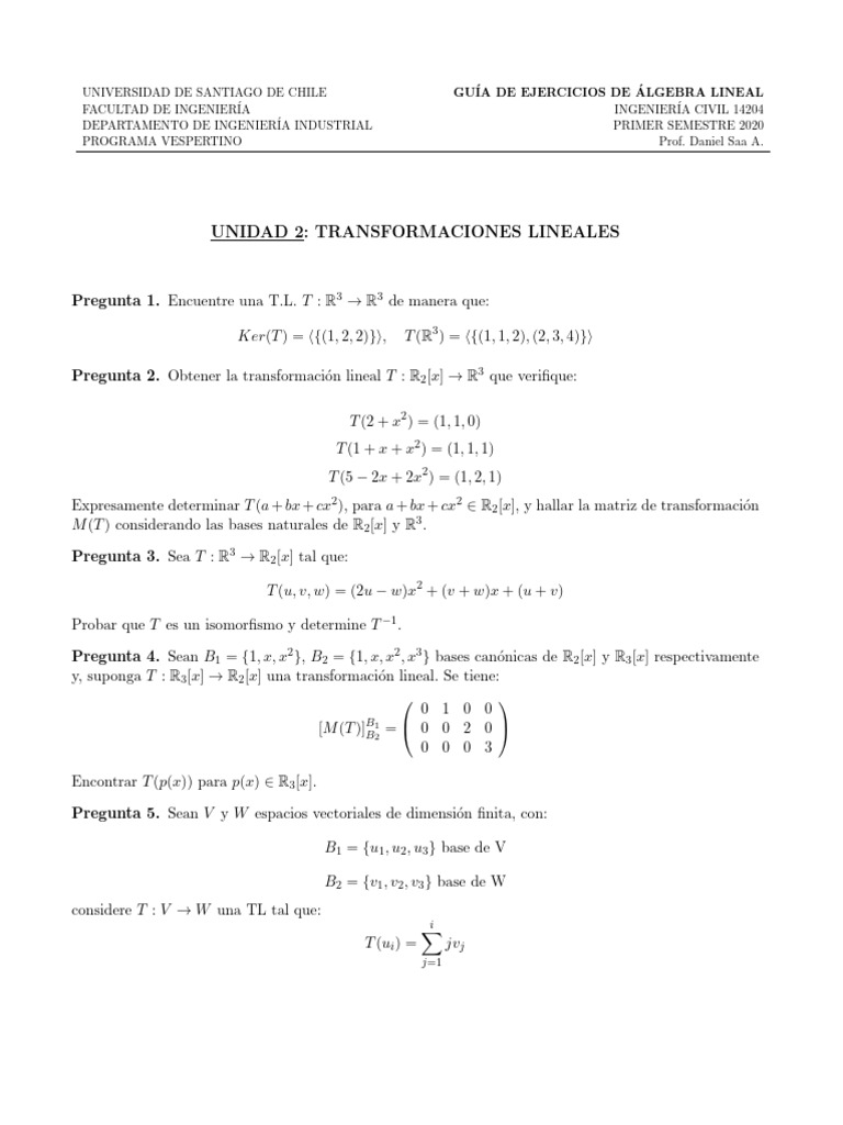 Guia Semana10 - Algebra Lineal - Daniel Saa | PDF | Mapa lineal | Relaciones matematicas