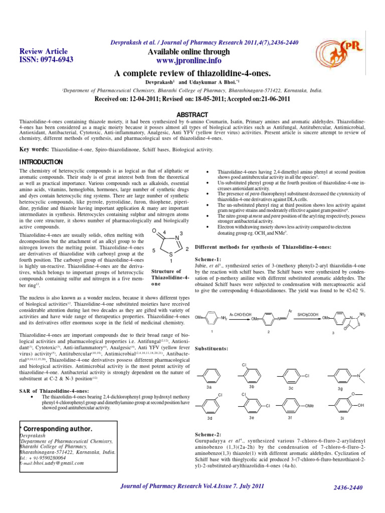 A Complete Review of Thiazolidine 4 Ones | PDF | Amine | Heterocyclic Compound