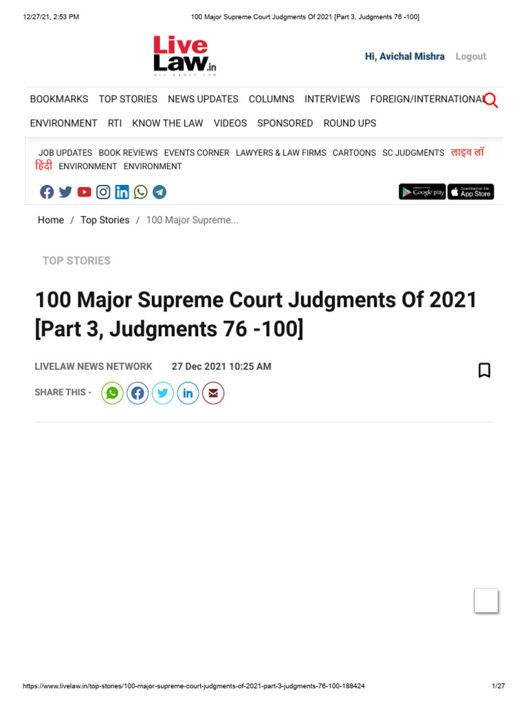 100 Major Supreme Court Judgments of 2021 (Part 3, Judgments 76 - 100) | PDF | Supreme Court Of ...