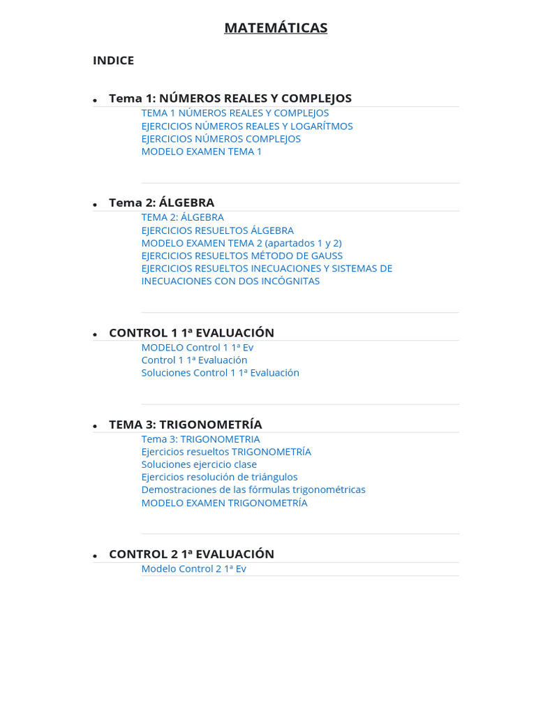 Matemáticas - Indice 1º Bachillerato | PDF