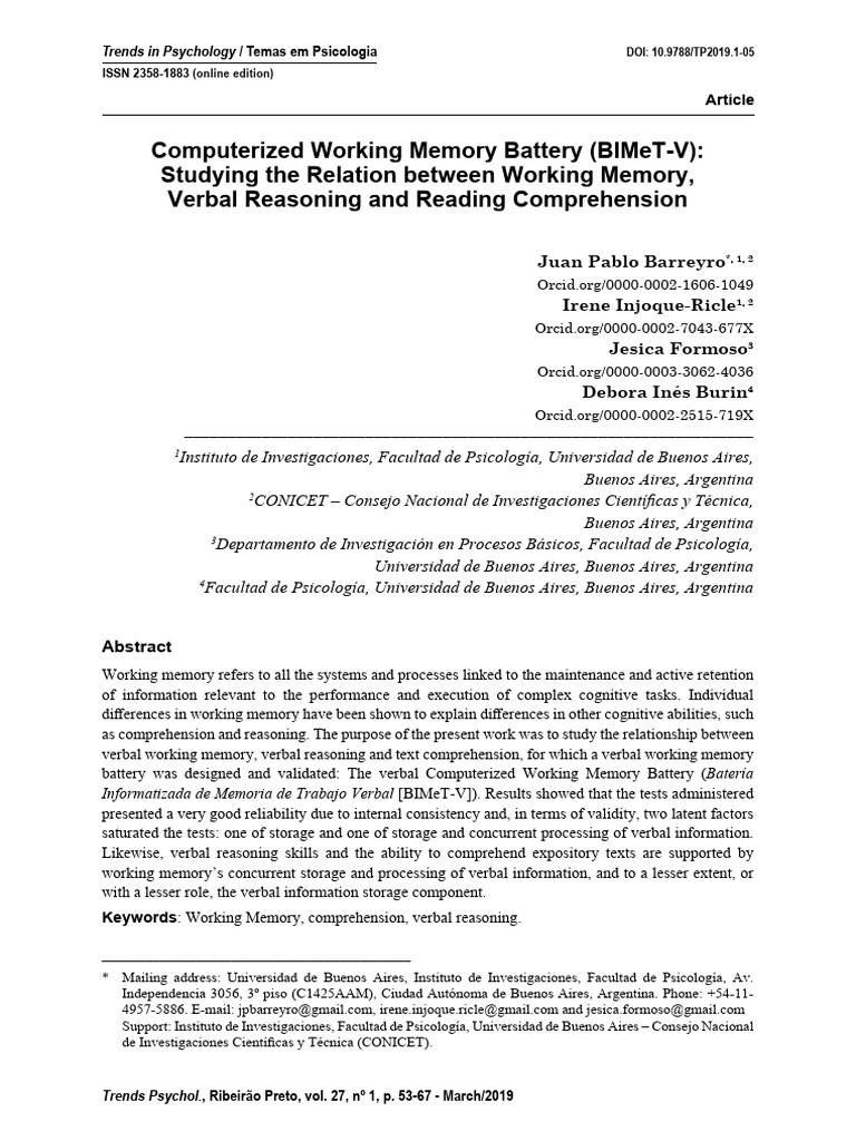 Batería Computarizada de Memoria de Trabajo (BIMeT-V) | PDF | Working Memory | Memory