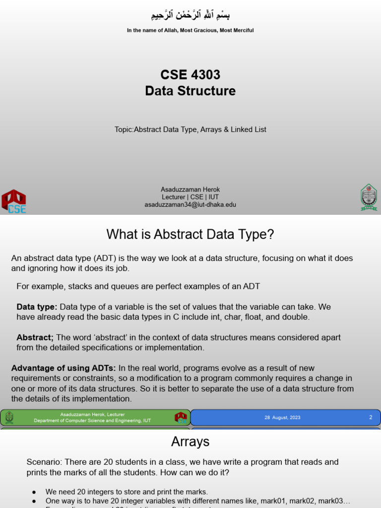 Lecture 02 - Abstract Data Type, Arrays & Linked List | PDF | Data Type ... Lecture 02 - Abstract Data Type, Arrays & Linked List | PDF | Data Type ...