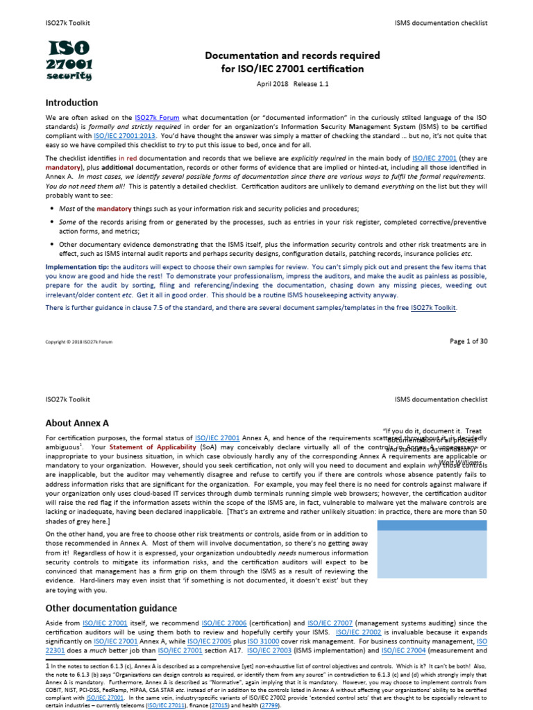 ISO27k ISMS Mandatory Documentation Checklist Release 1v1 | PDF