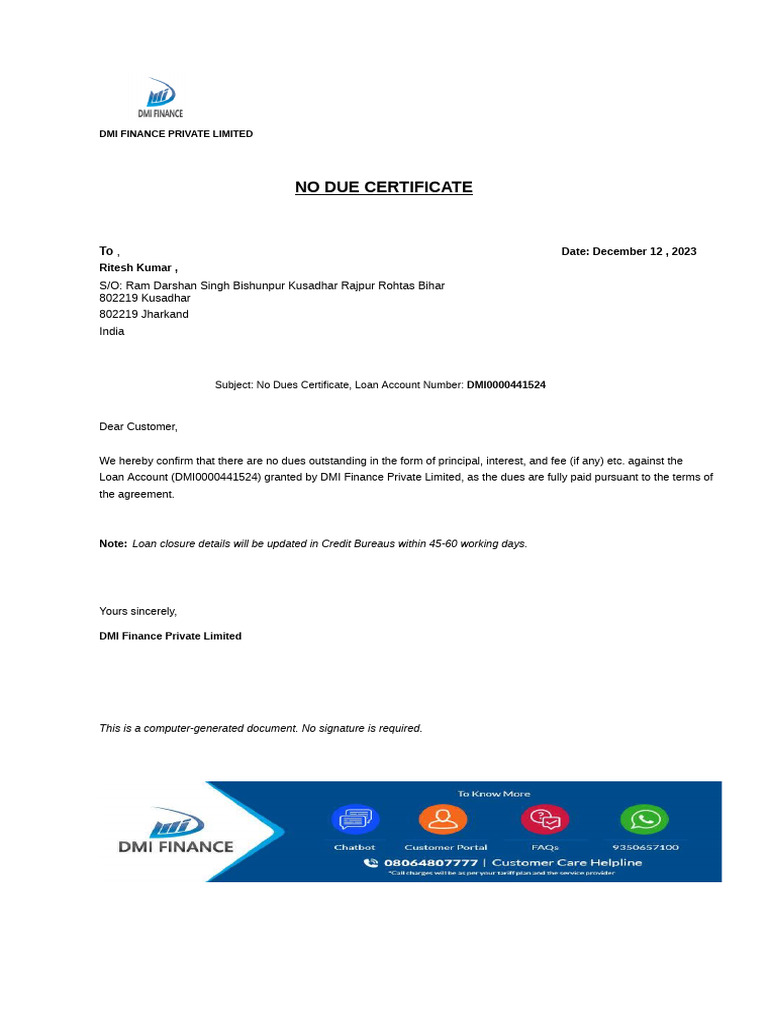 DMI Finance No Dues Certificate | PDF