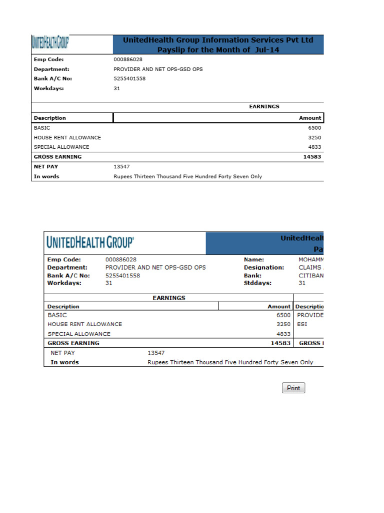 Unitedhealth Group Information Services PVT LTD Payslip For The Month ...