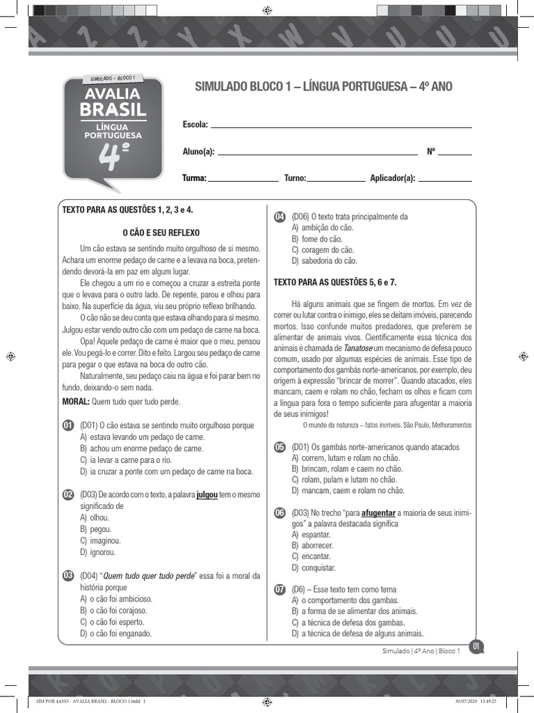 Sim Por 4ano - Avalia Brasil - Bloco 1 Final | PDF | Cães | Pinguim