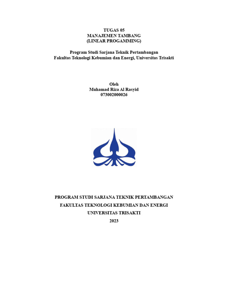 TUGAS 05 Manajemen Tambang - Muhamad Riza Al Rasyid (073.20.026) | PDF