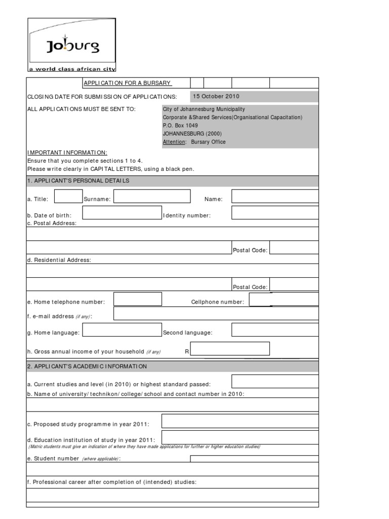Johannesburg Bursary Application Form | PDF