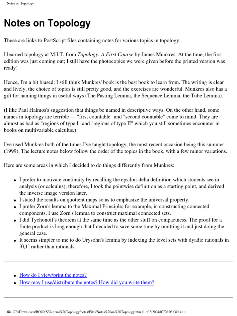 Class Notes On Topology | PDF | Mathematical Analysis | Functions And ...