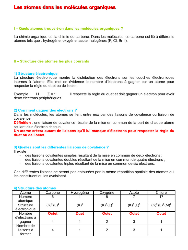 Atomes et valence en chimie organique | PDF | Liaison chimique ...