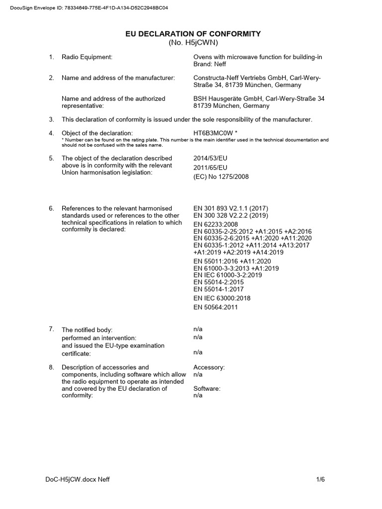 Eu Declaration of Conformity: (No. H5jCWN) | PDF | Regulation ...