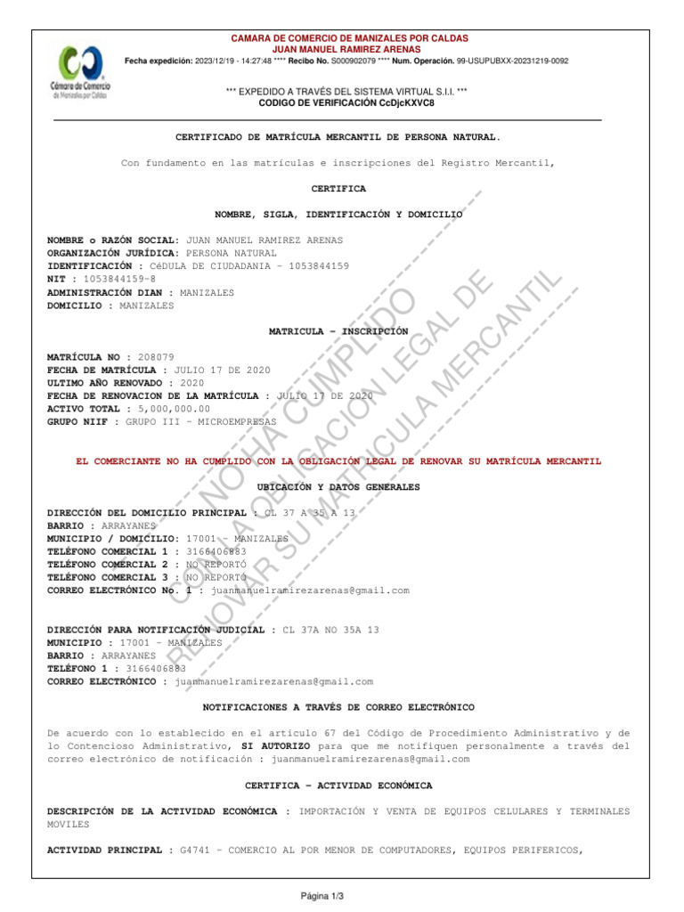 Certificado Matricula Mercantil | PDF