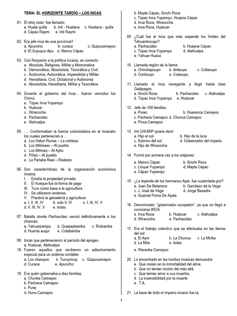PRACTICA LOS INCAS 2° Sec. | PDF | Imperio Inca | Andes