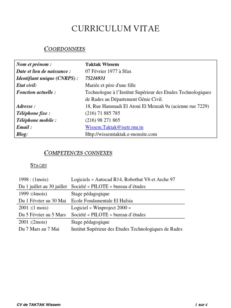 CV Francais Taktak Wissem 2011 | PDF | Tunis | Enseignants