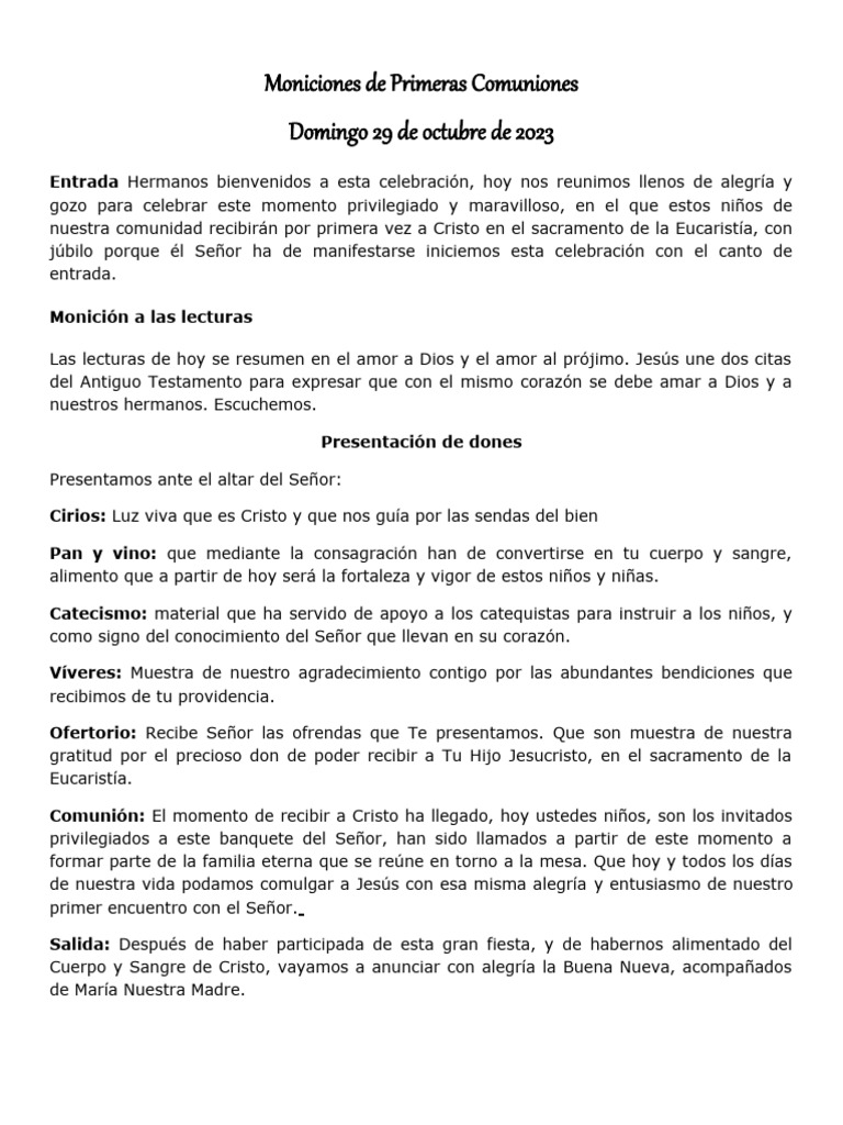Moniciones Primera Comunion | PDF | Religión y espiritualidad