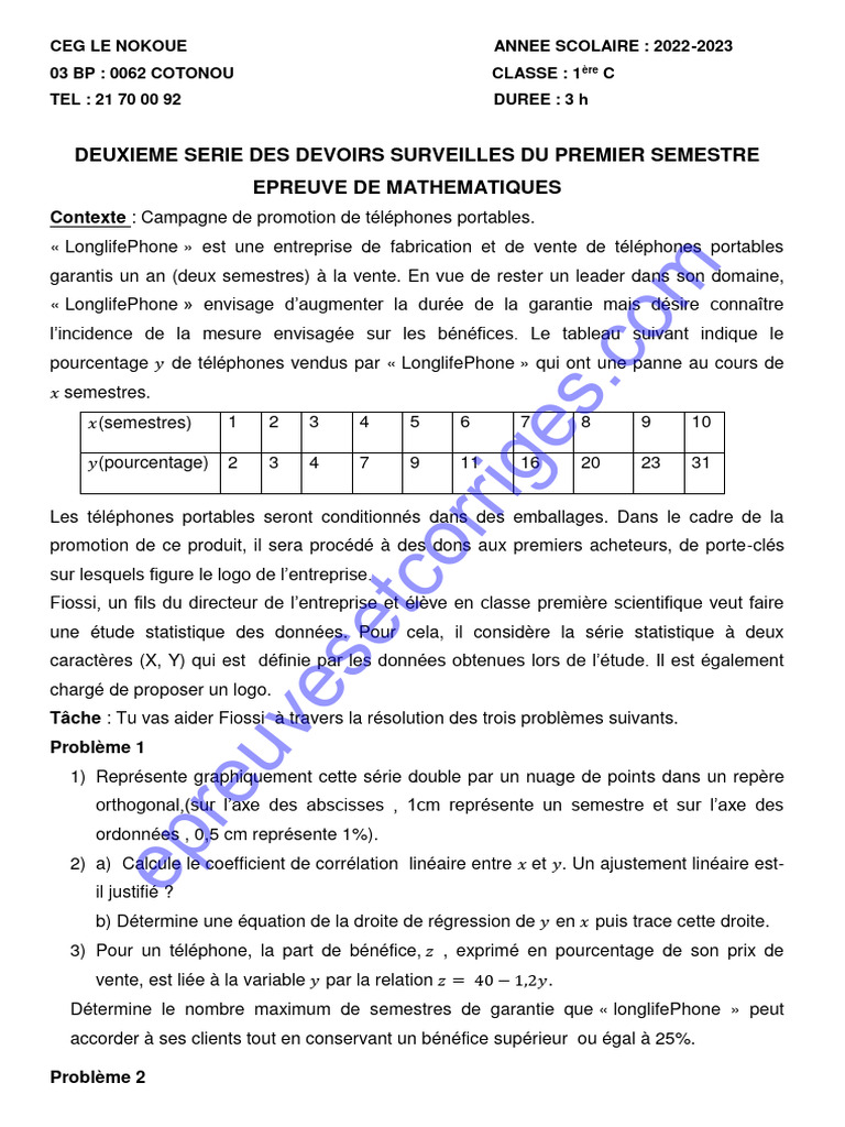 Mathematiques 1ere C, Deuxieme Devoir Du Premier Semestre 2022-2023 Ceg Le Nokoue | PDF