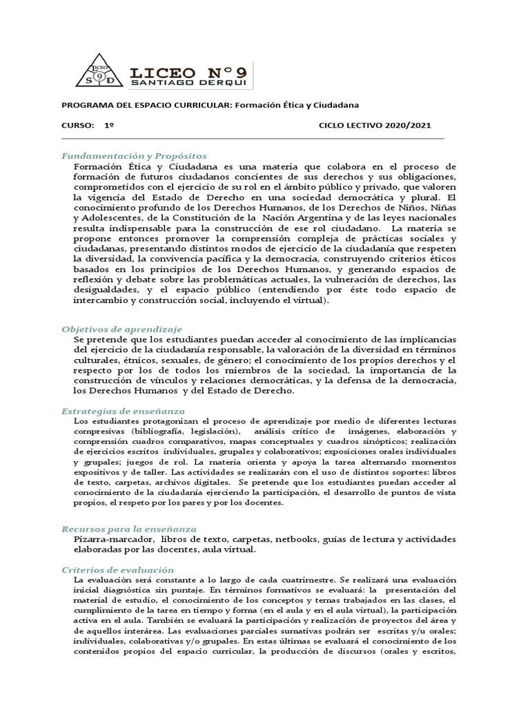 2020-Programa FEC 1° Año | PDF | Política | Ciencias sociales