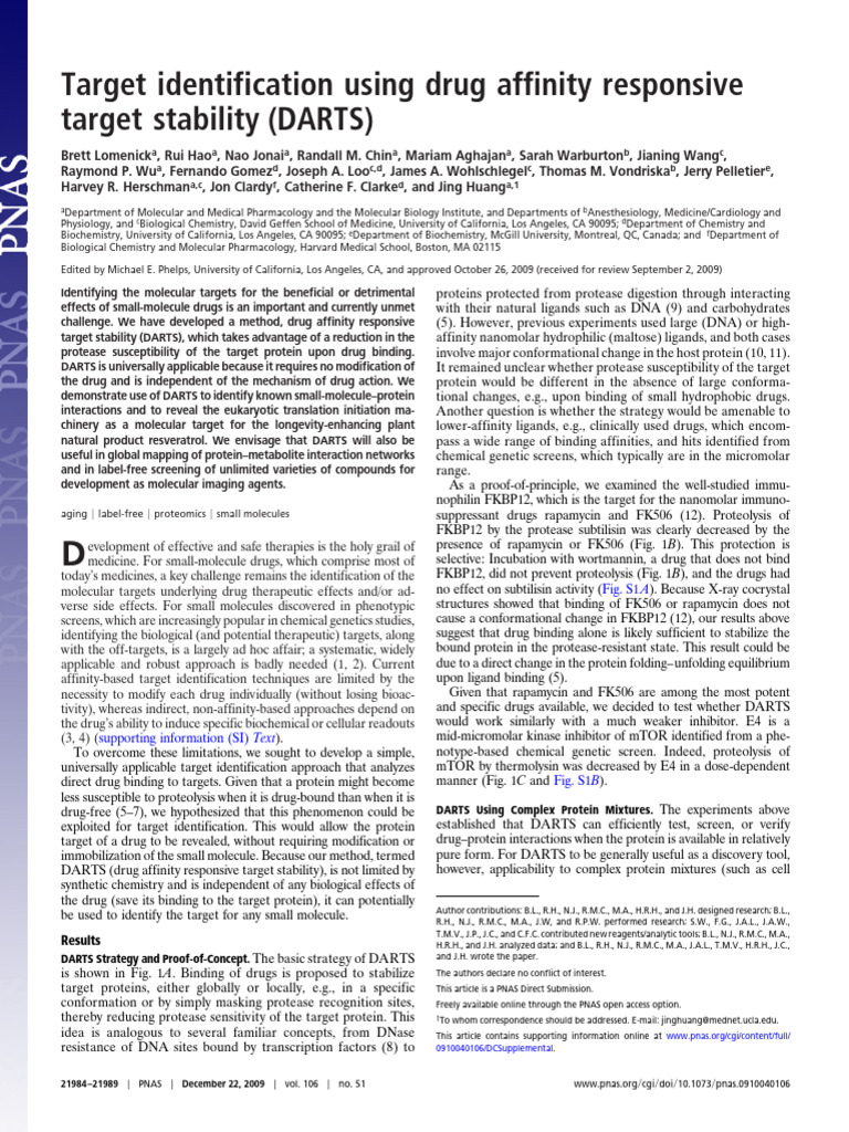 Target Identification Using Drug Affinity Responsive Target Stability (DARTS) | PDF