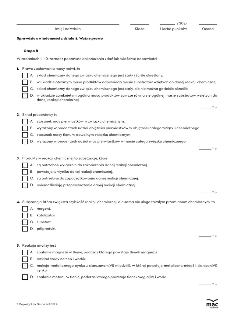 Chemia Metodyka kl7 SPRAWDZIANY 4 GrupaB | PDF