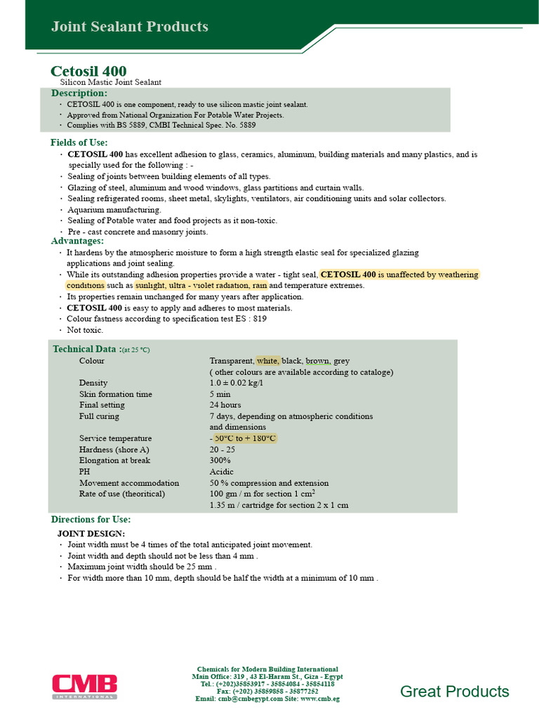 Cetosil 400: Versatile Joint Sealant | PDF | Glasses | Water