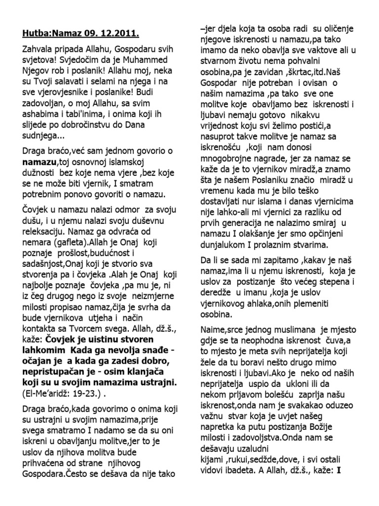 Hutba Namaz I Iskrenost | PDF