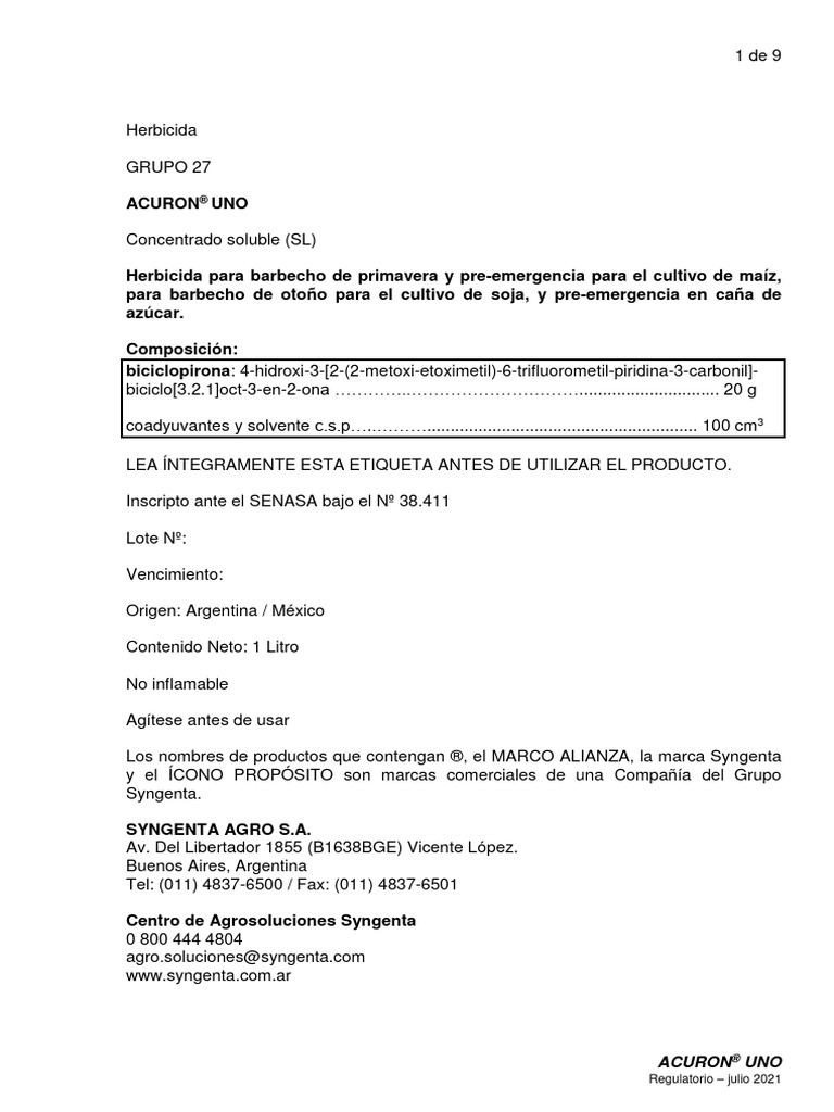 Acuron Uno Marbete 2023 | PDF | Agua | Herbicida
