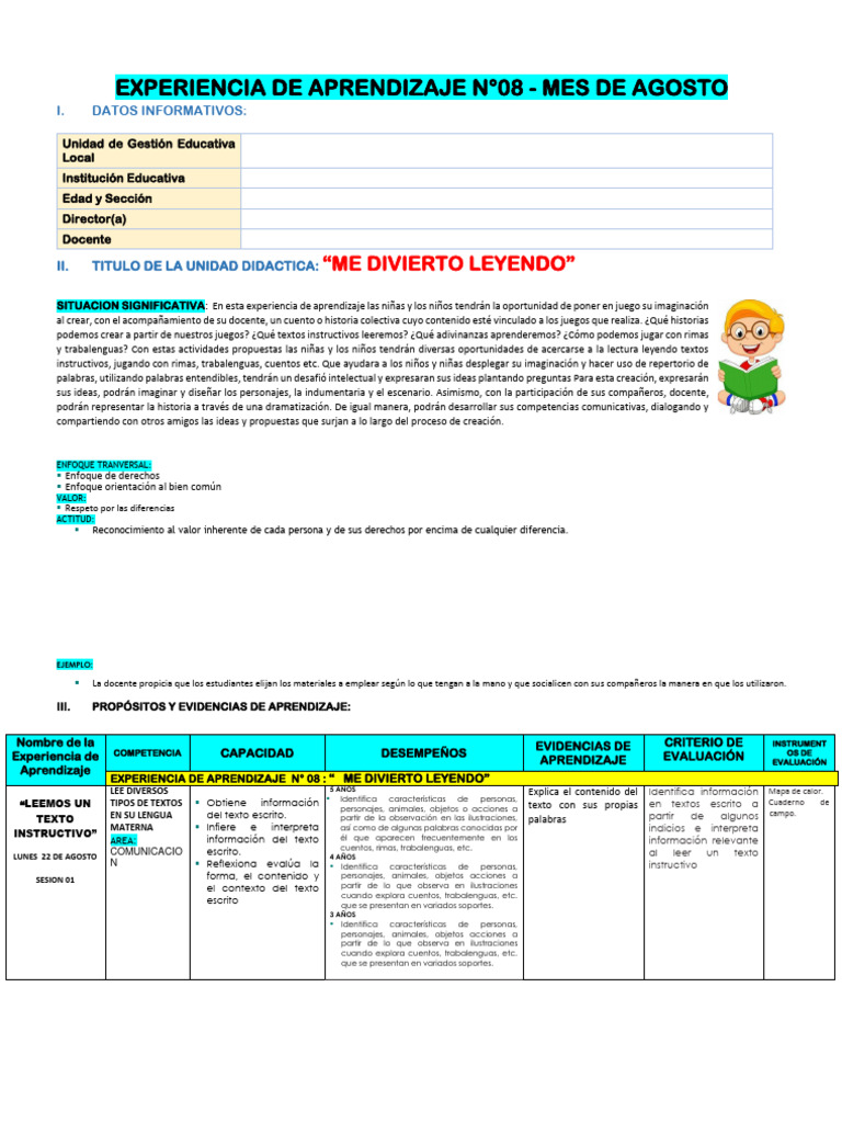 Experiencia Agosto Me Divierto Leyendo | PDF | Aprendizaje | Evaluación