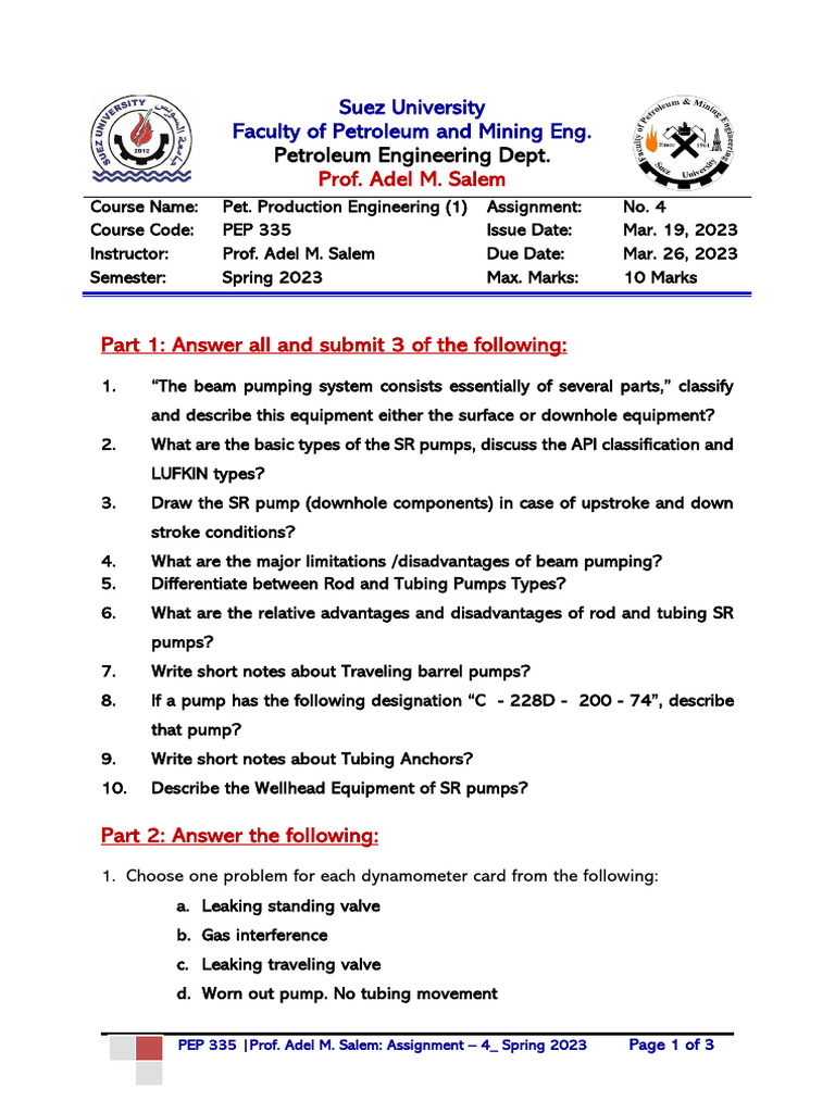 Assignment No. 4 - PEP 335 - Spring 2023 | PDF | Pump | Mechanical Engineering