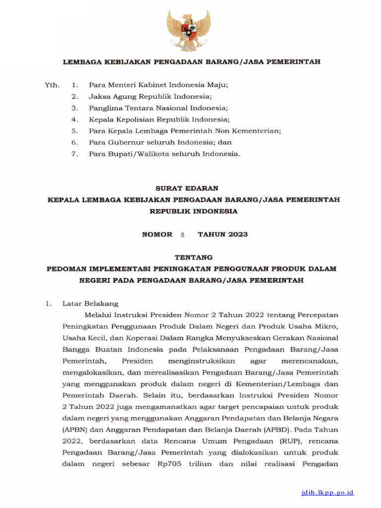 Surat Edaran Kepala LKPP Nomor 8 Tahun 2023 - 2302 - 1 | PDF