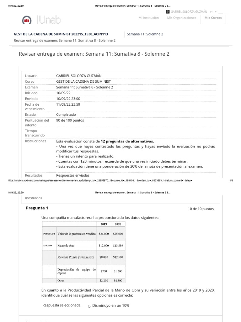 Revisar Entrega de Examen - Semana 11 - Sumativa 8 - Solemne 2 &.. | PDF