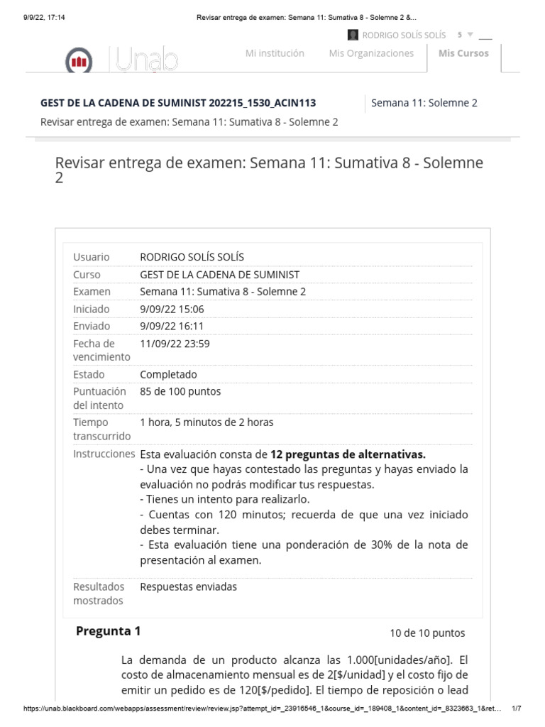 Revisar Entrega de Examen - Semana 11 - Sumativa 8 - Solemne 2 &.. | PDF | Negocios