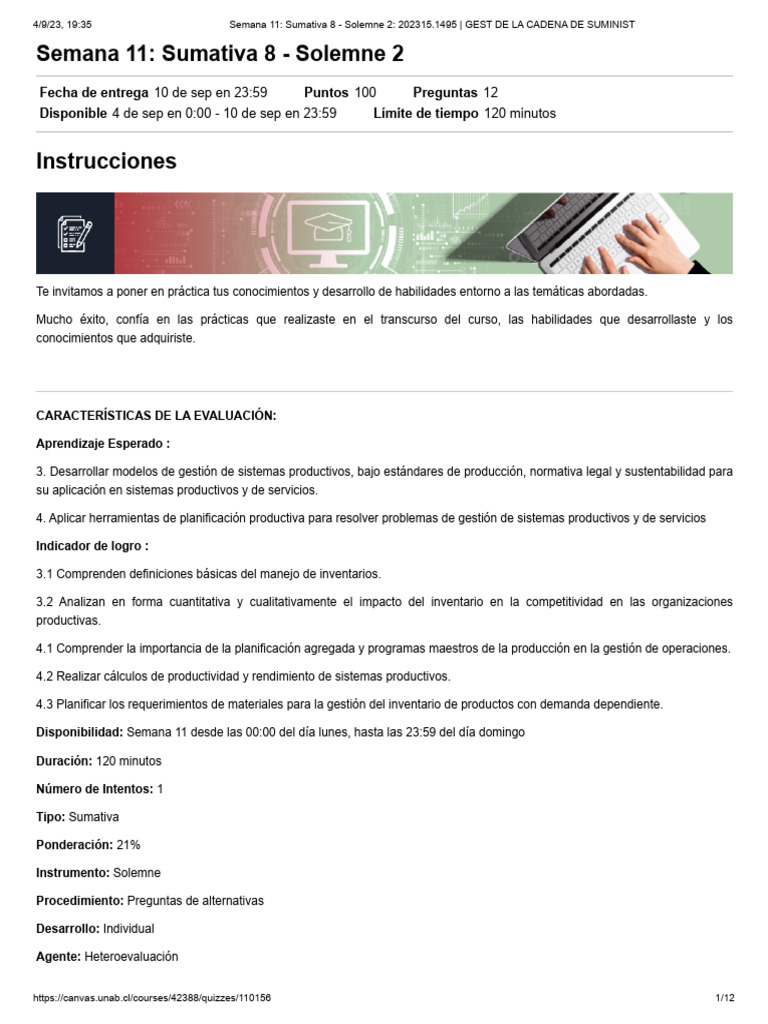 Semana 11 - Sumativa 8 - Solemne 2 - 202315.1495 - GEST DE LA CADENA DE SUMINIST | PDF