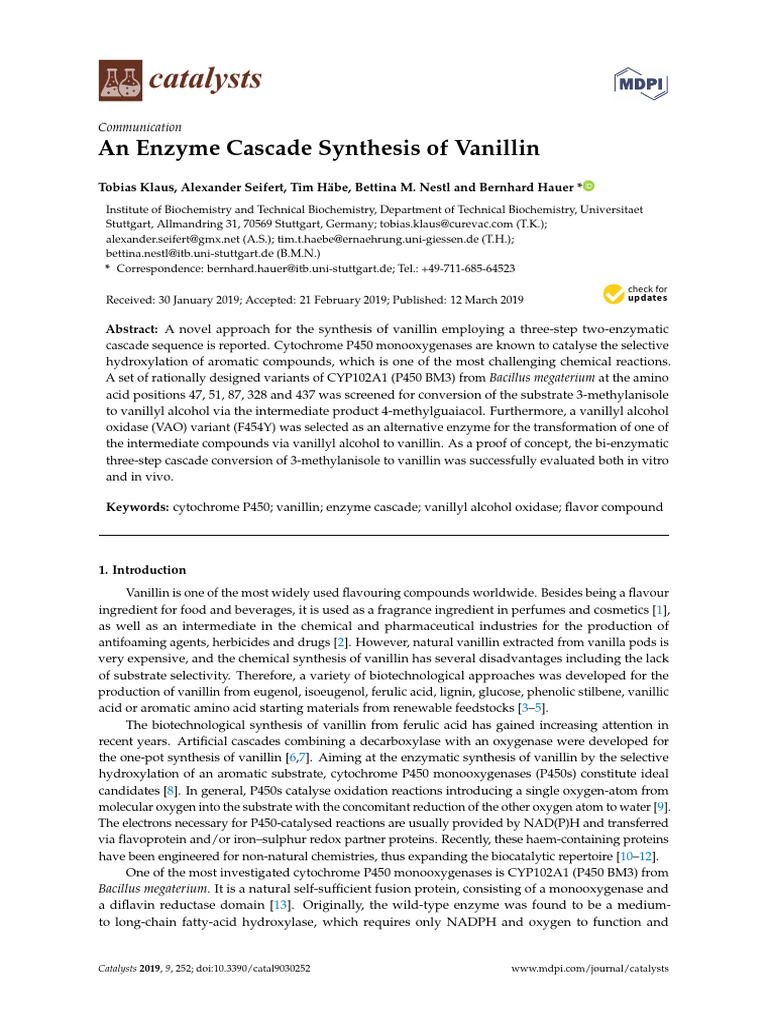 An Enzyme Cascade Synthesis of Vanillin | PDF | Cytochrome P450 | Enzyme
