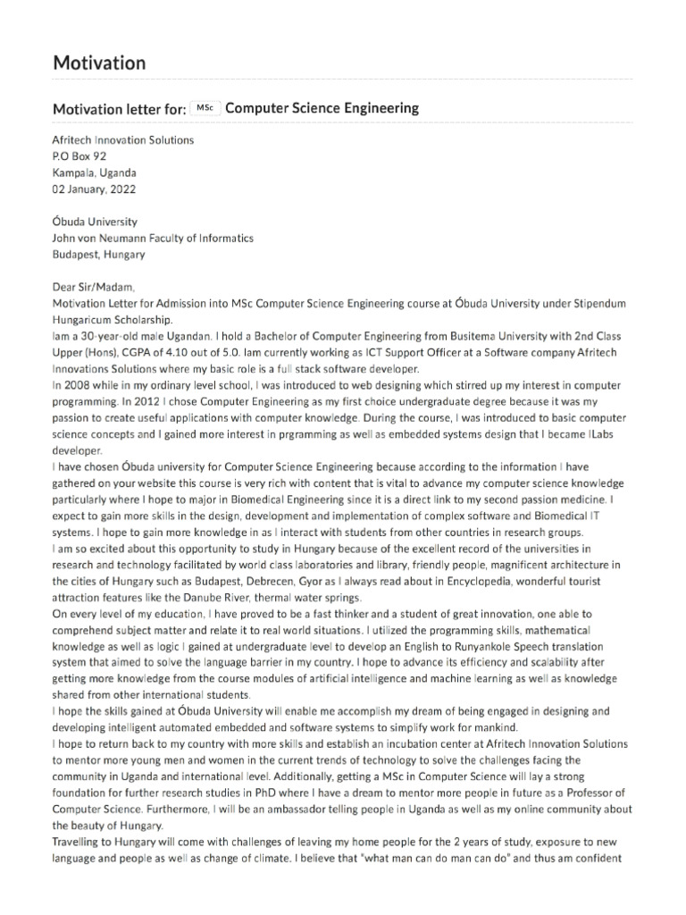 Denis Motivation Letter For SHS | PDF