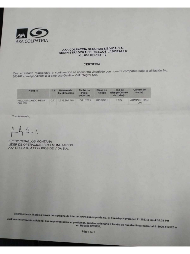 Certificacion ARL | PDF